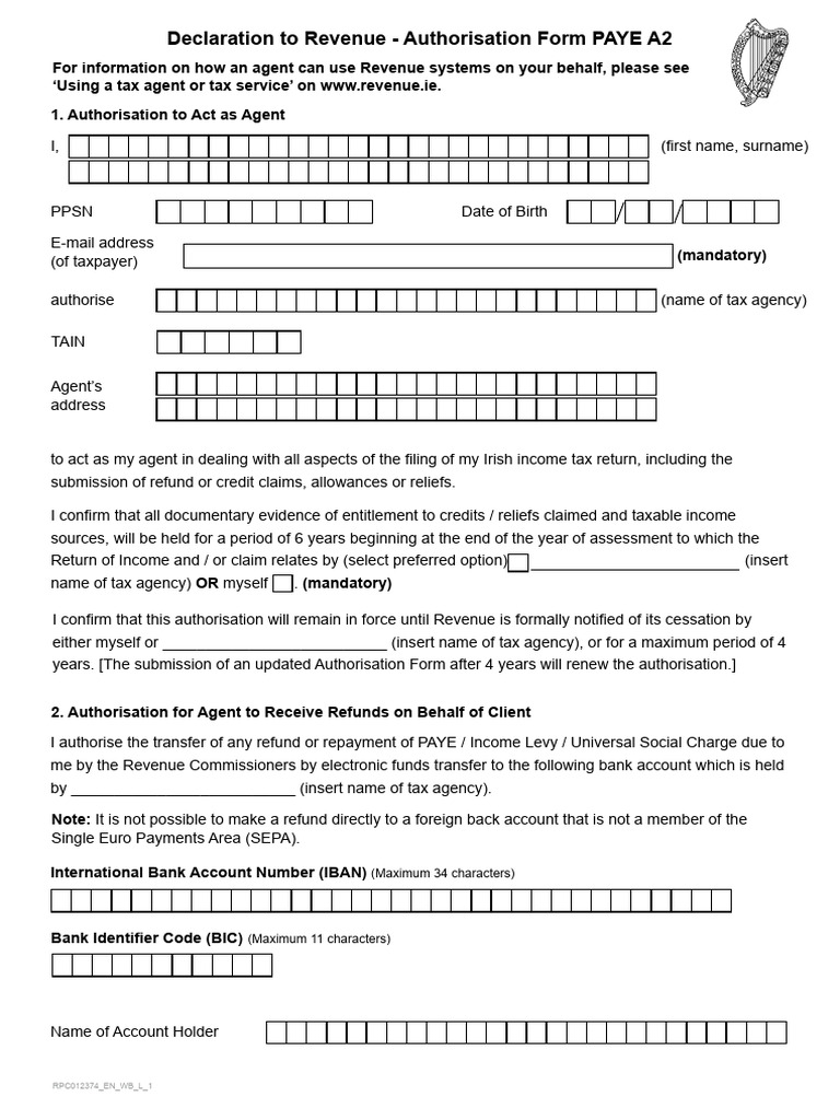 Declaration To Revenue - Authorisation Form PAYE A2: (Maximum 34 Characters) | PDF | Tax Refund ...