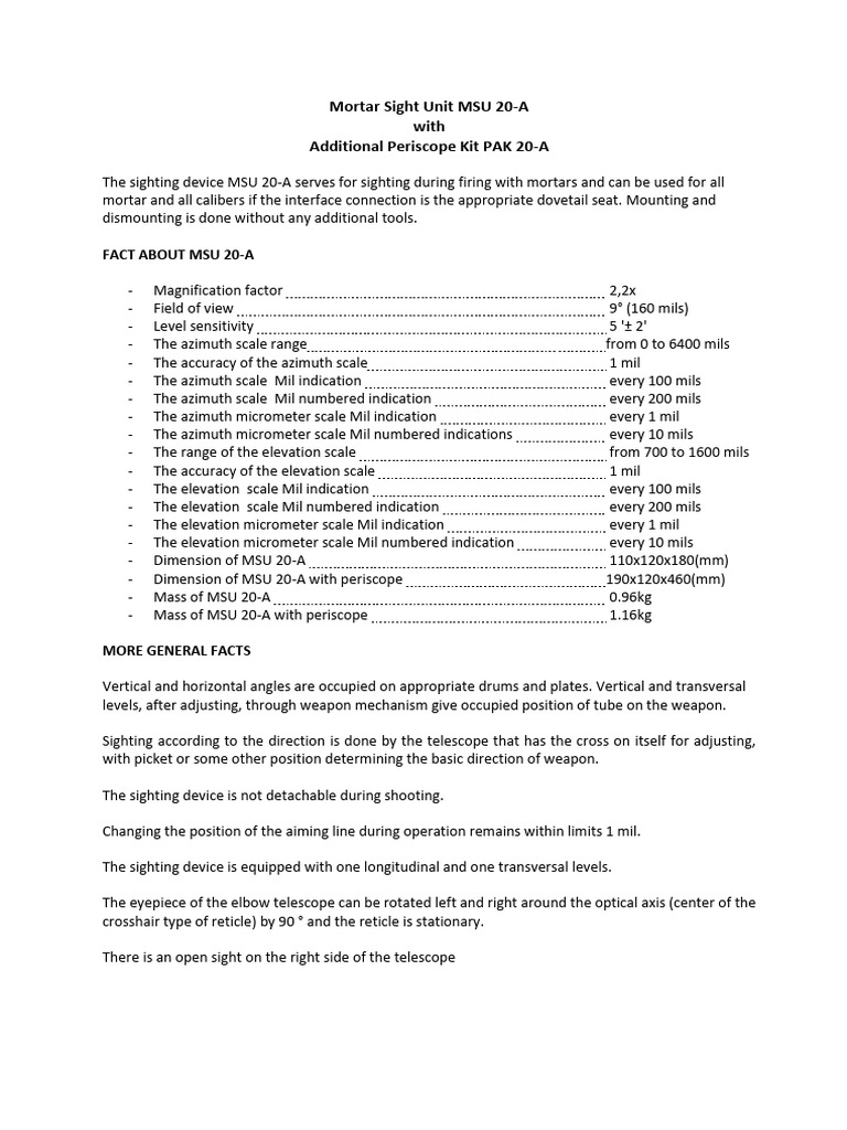 Operator Manual Mortar Sight Unit MSU 20A With PAK 20A | PDF ...