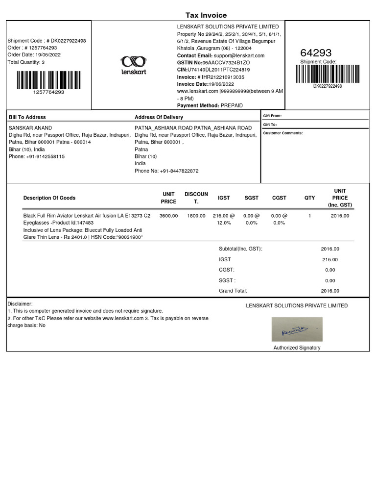 Lenskart Invoice for Indrapuri Order | PDF