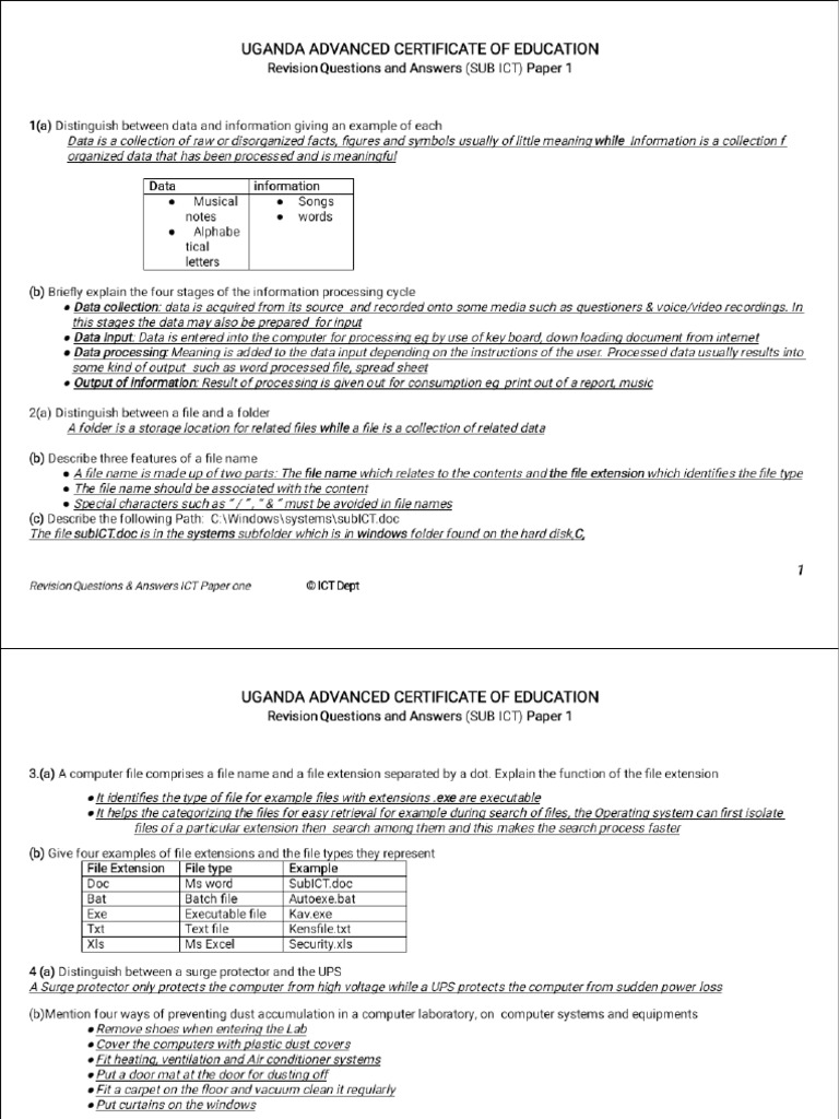 A'LEVEL SUB ICT REVISION QUESTIONS and ANSWERS | PDF