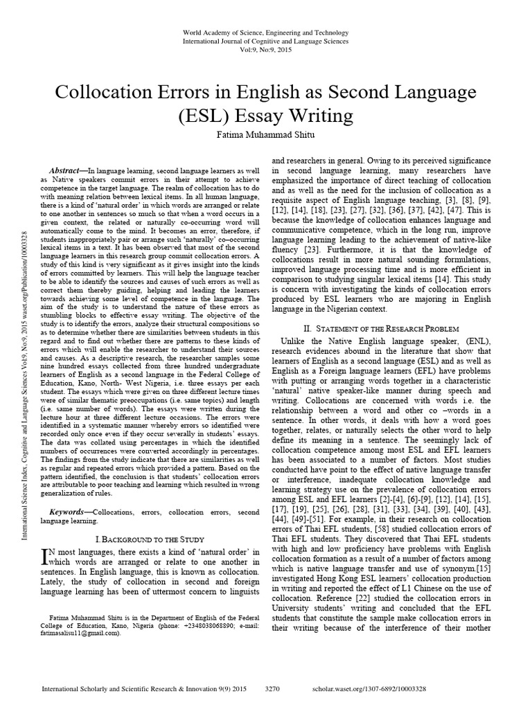 Collocation Errors in English As Second Language (ESL) Essay Writing | PDF | English As A Second ...