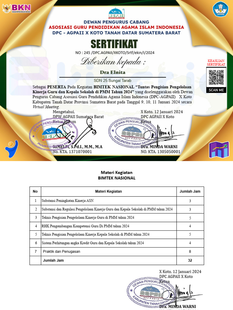 Dra Elnita Klik Disini Sertifikat Bimtek Nasional Ekinerja 2024 | PDF | Bisnis