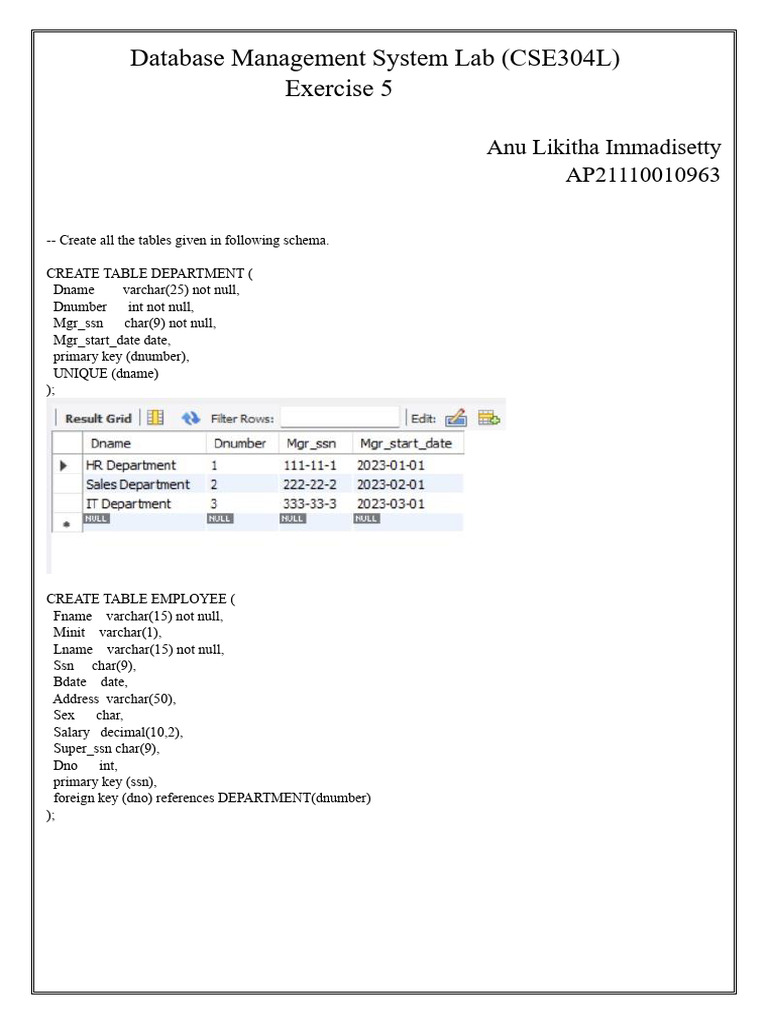 Database Management System Lab (CSE304L) Exercise 5: Anu Likitha Immadisetty AP21110010963 | PDF ...