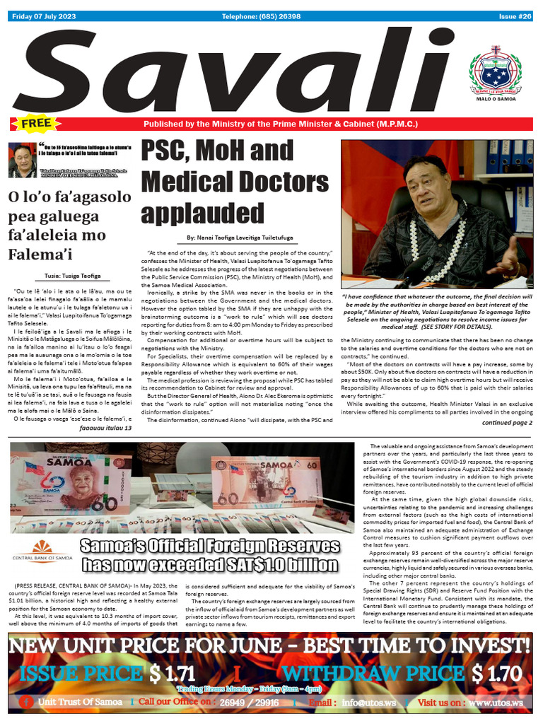 Savali Newspaper Issue 26 Friday 7th July 2023 Min | PDF
