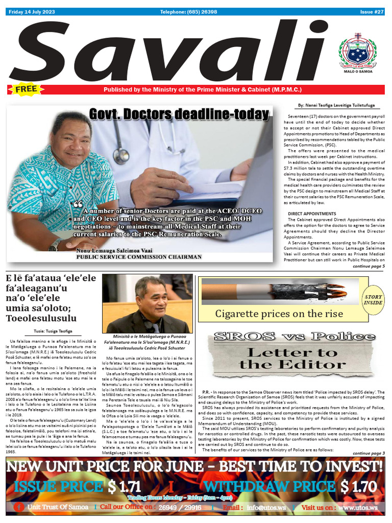 Savali Newspaper Issue 27 10th 14th July 2023 Min | PDF | Samoa | The ...