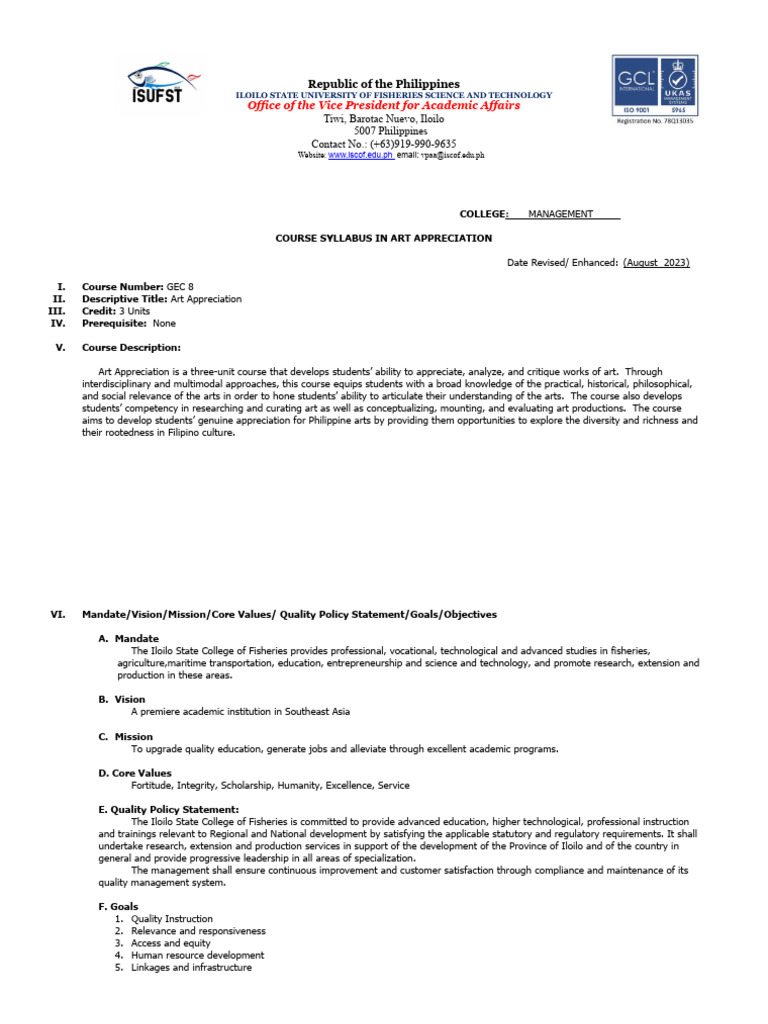 GEC 8 Syllabus Art Appreciation 2 | PDF | Aesthetics | Entrepreneurship