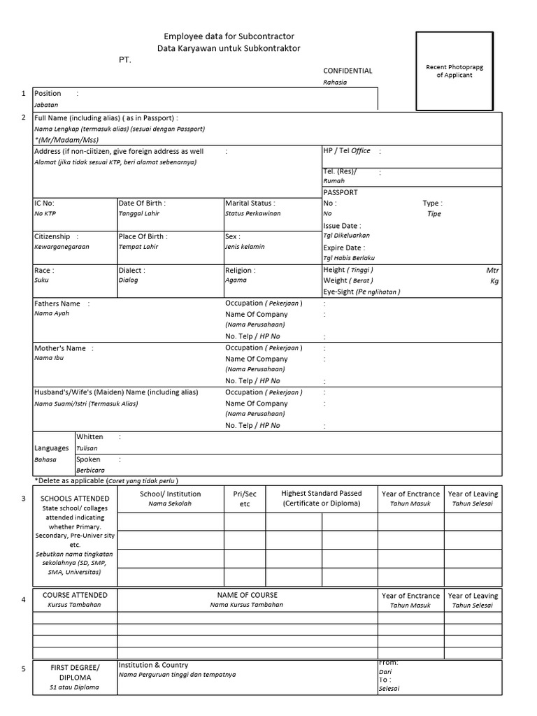 Subcontractor Data Employee Form | PDF