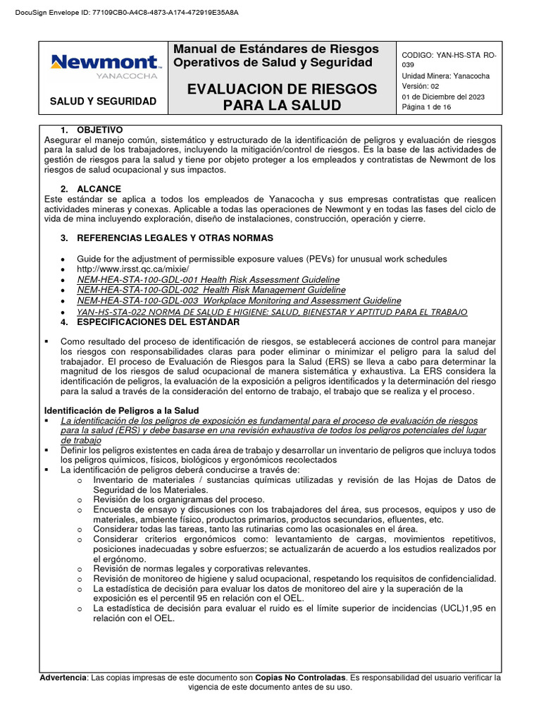 YAN-HS-STA RO-039 Evaluación de Riesgos para La Salud | PDF