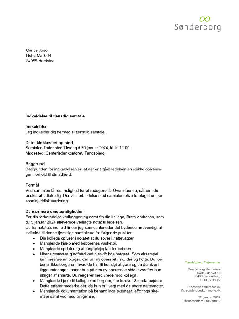 Indkaldelse Til Tjenstlig Samtale Indkaldelse: Tandsbjerg Plejecenter | PDF