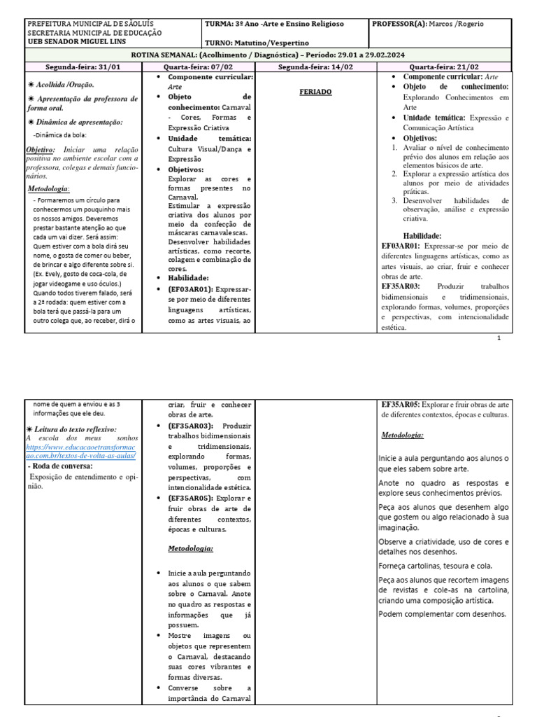 Planejamento de Arte e e Nsino Religioso 3 Ano de - 240205 - 062404 | PDF