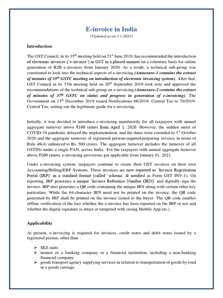 E-Invoice in India - 01-01-2021 | PDF