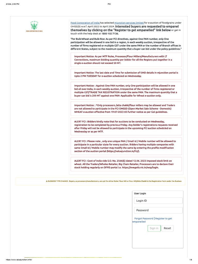FCI Wheat E-Auction Guidelines 2024 | PDF