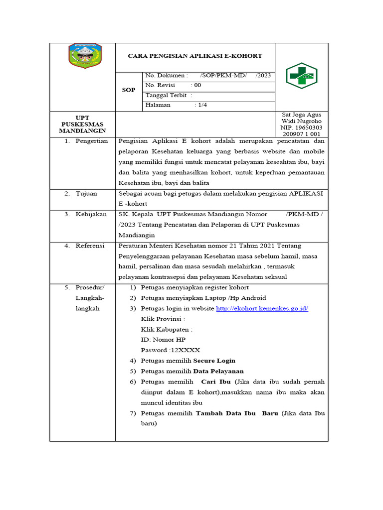 SOP Pengisian Apliksi E-Kohort | PDF