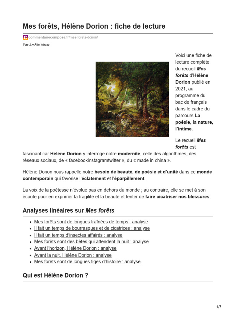 Mes Forêts Hélène Dorion Fiche de Lecture | PDF