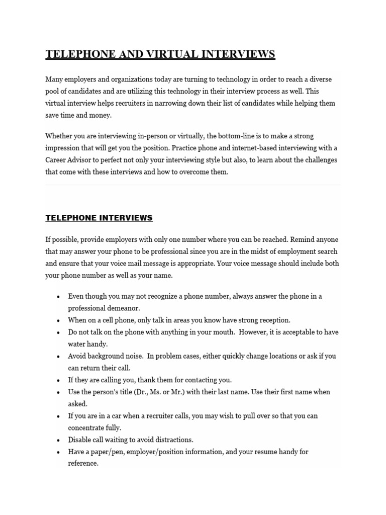 Telephone and Virtual Interviews | PDF | Body Language | Job Interview