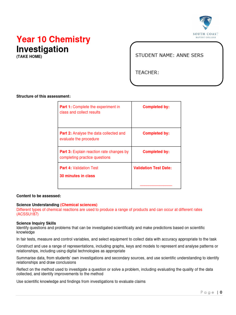 Year 10 Chemistry Investigation Take Home 2023 - Anne Sers | PDF ...