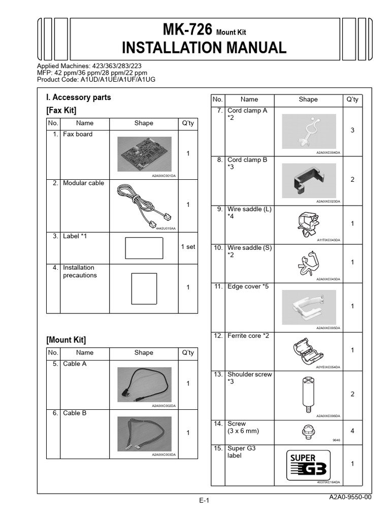 Installation Manual MK-726: I. Accessory Parts (Fax Kit) | PDF