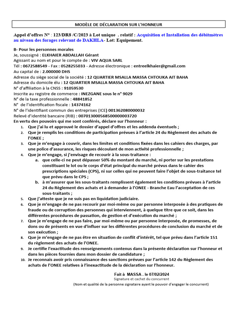 Declaration Sur L'honneur Et Acte D'engagement | PDF