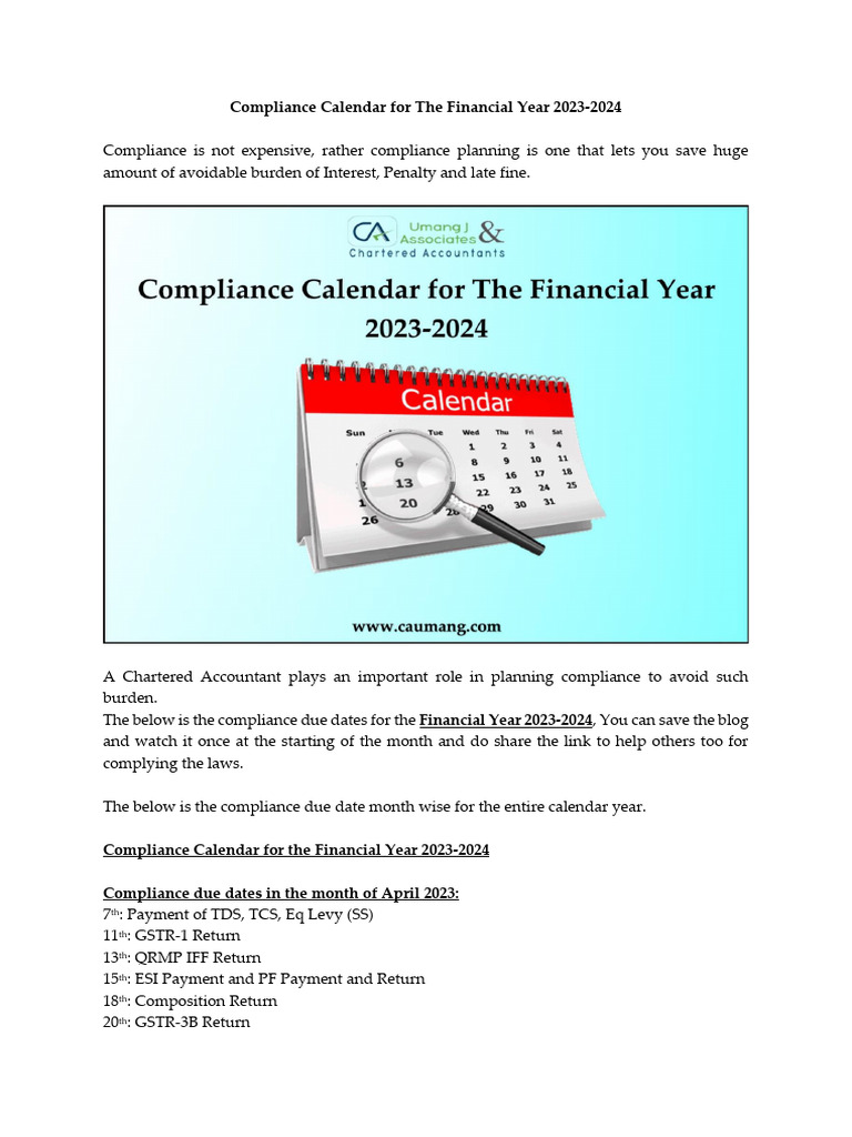 Compliance Calander FY23-24 - UJA | PDF | Business | Money