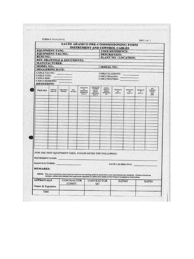 INST.&CNTRL.CABLE MEGGER FORMS | PDF