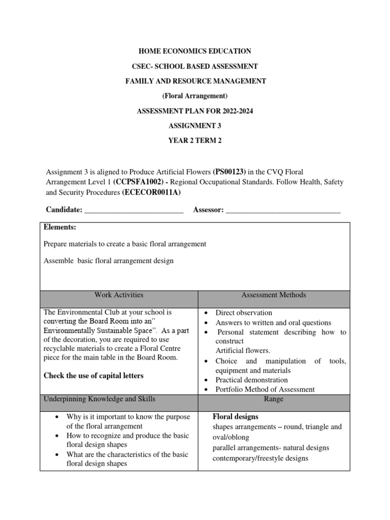 Floral Arrangement 2022-2024 Family and Resource Management SBA # 3 | PDF
