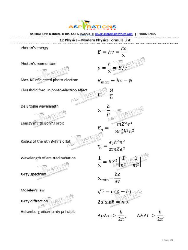12-Phy-Formula-List-Modern-Physics-pdf | PDF