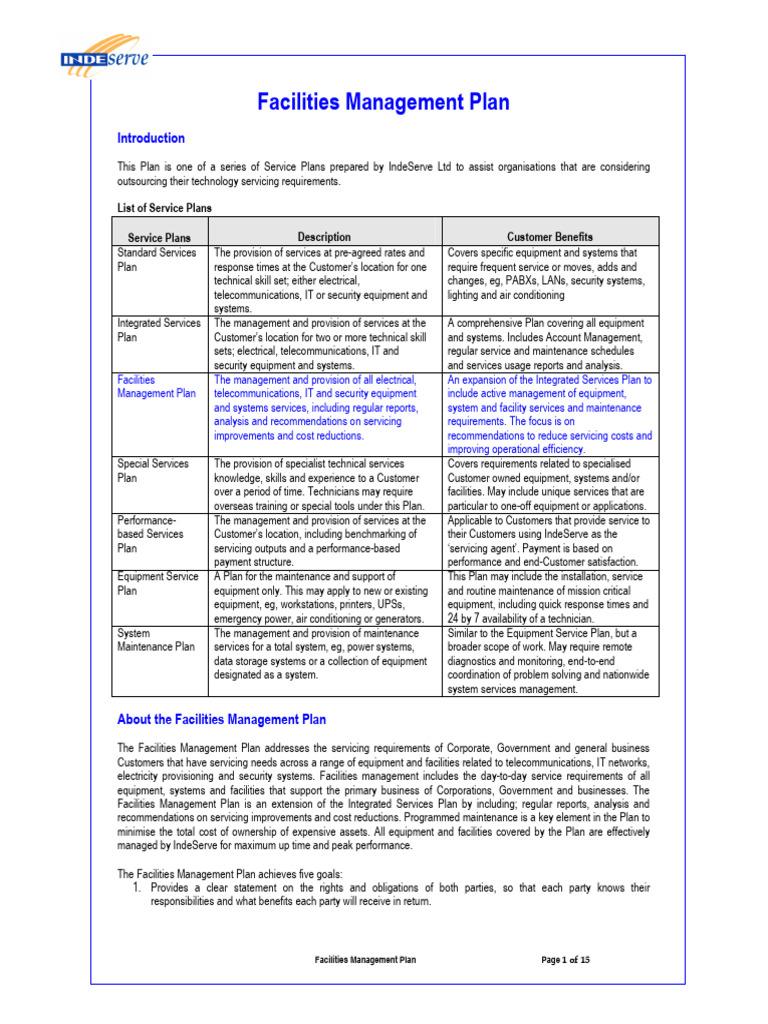 Facility Management Plan Template | PDF | Indemnity | Mediation
