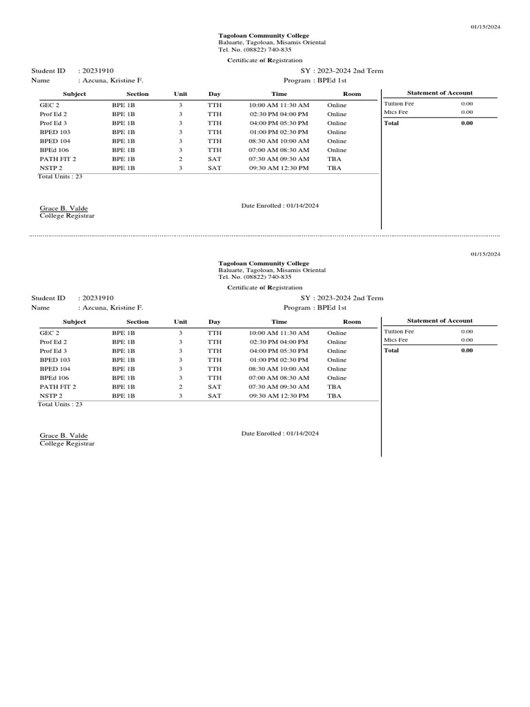 Tagoloan College BPEd Registration 2024 | PDF