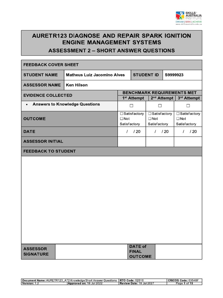 AURETR123 - AT2 Short Answer Questions - Completed | PDF