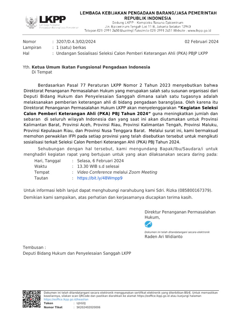 Undangan Sosialisasi Seleksi Calon Pemberi Keterangan Ahli (PKA) PBJP LKPP (IFPI) - 1 | PDF