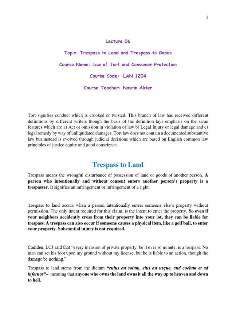 Law Students: Trespass in Tort Law | PDF | Trespass | Damages
