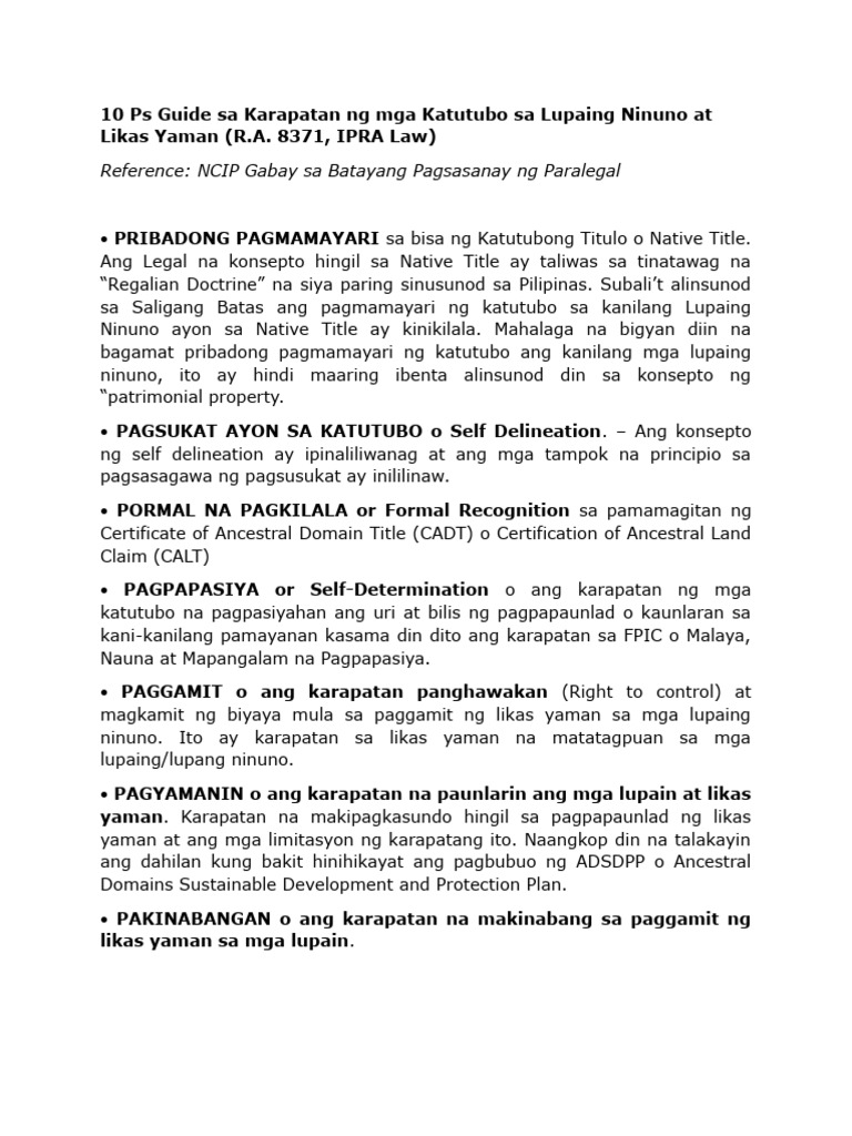 10 Ps Guide Sa Karapatan NG Mga Katutubo Sa Lupaing Ninuno at Likas ...