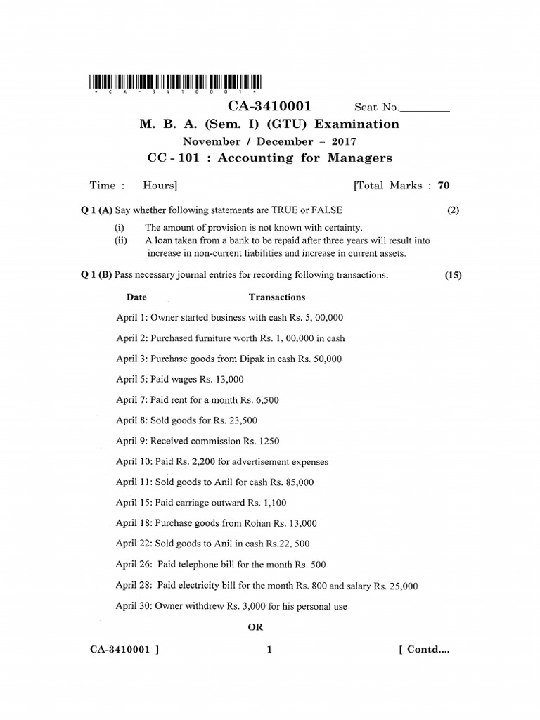 2017 Accounting For Managers Previous Year Paper | PDF