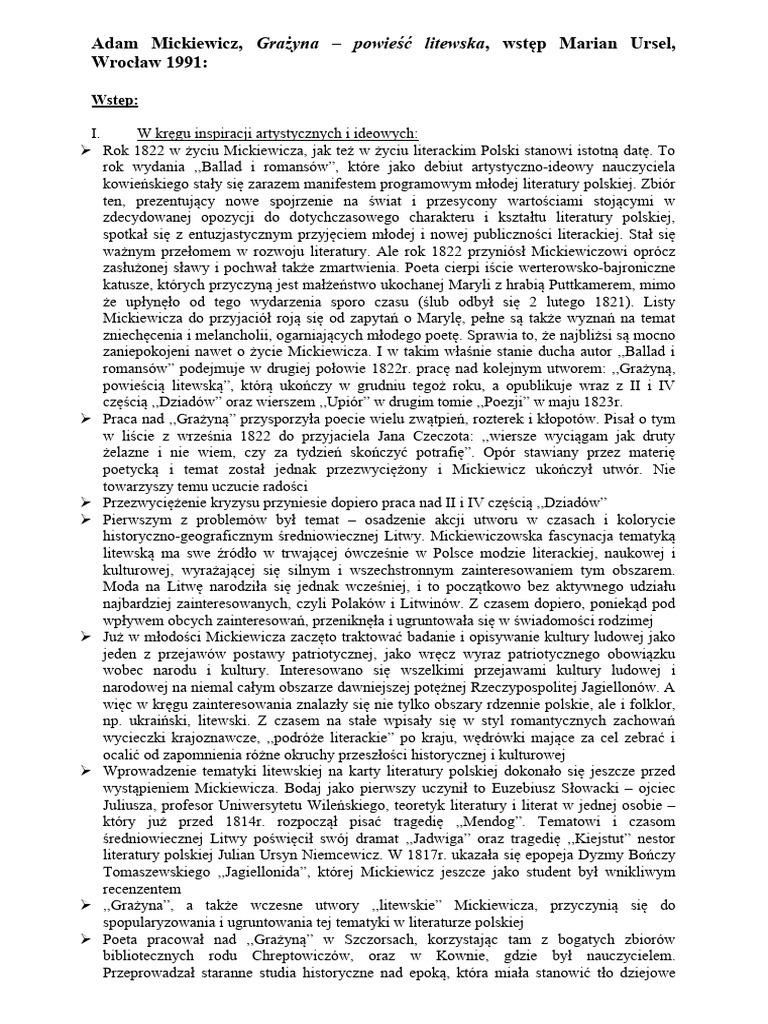 Mickiewicz A., Grażyna (2 Opracowania Streszczenie) | PDF