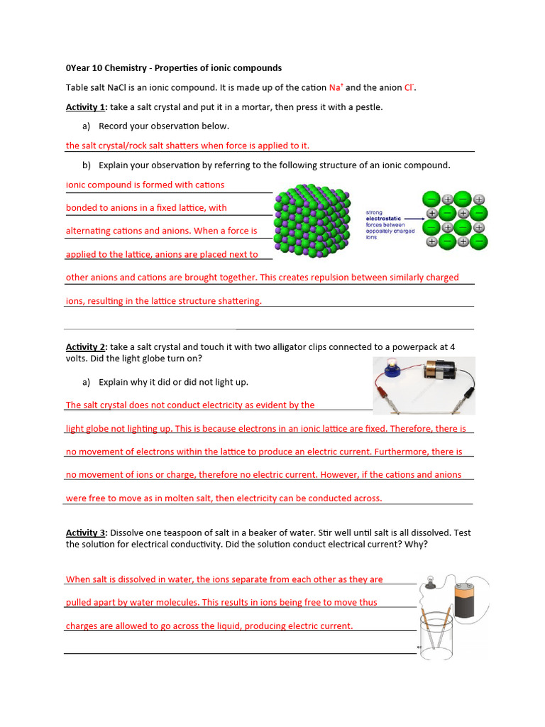 Worksheet - Properties of Ionic Compounds - Key | PDF | Ion | Ionic Bonding