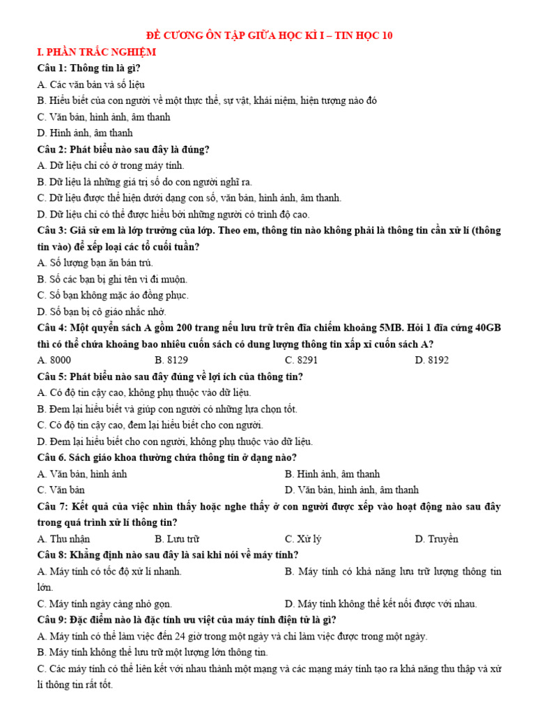 ĐỀ CƯƠNG TIN 10 - GK1 - HS | PDF