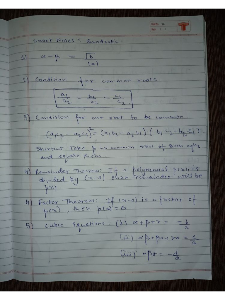 Quadratic Equations Short Notes PDF | PDF