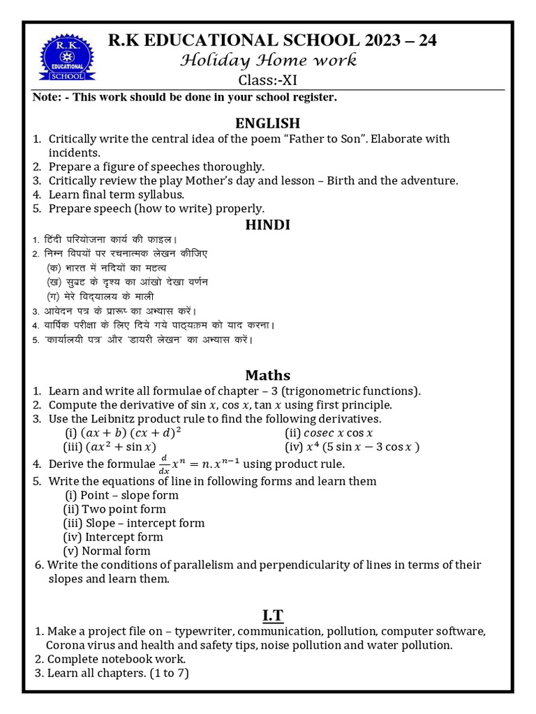 Class XI Holiday Homework 2023-24 | PDF