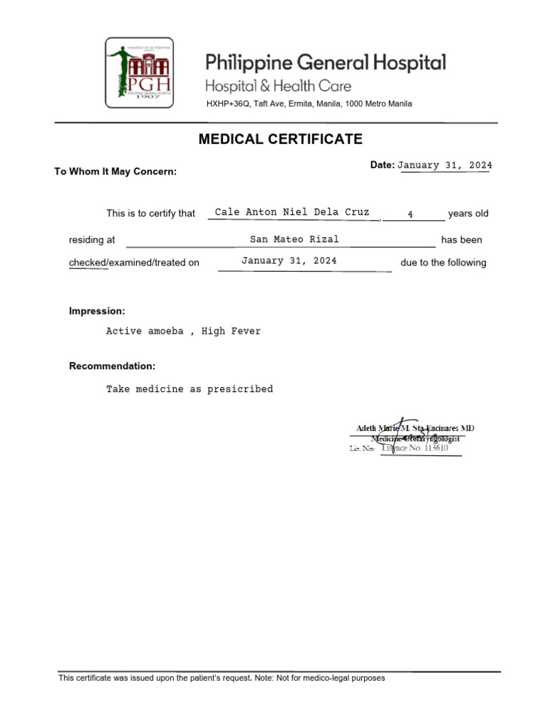 Medical Certificate for High Fever | PDF