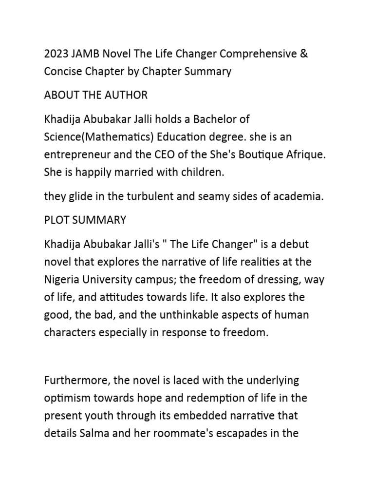 2023 JAMB Novel Summary: The Life Changer | PDF