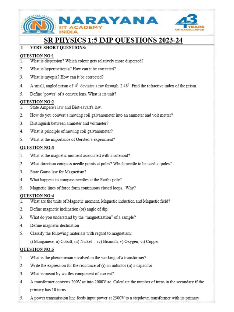 Ts SR Physics Imp Questions 2023-24 | PDF | Magnetic Field | Waves