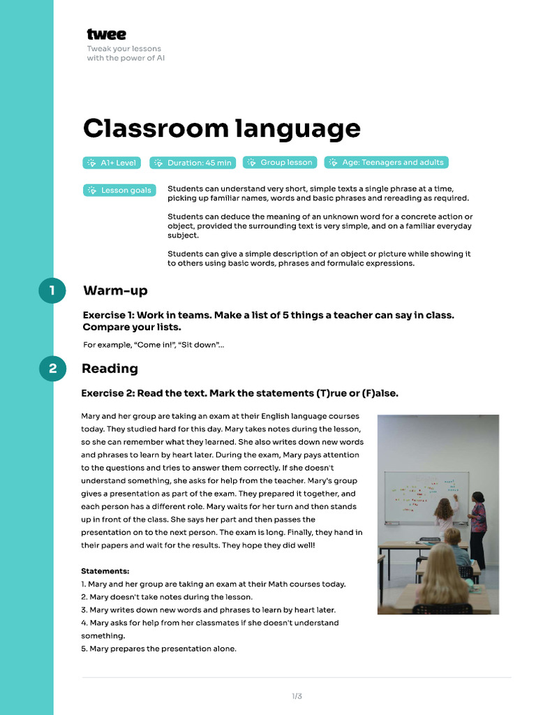 A1 Classroom Language Activities | PDF | Teachers | Learning