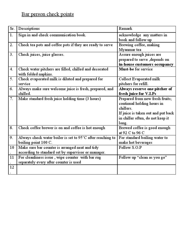 Bar Staff Daily Checklist | PDF