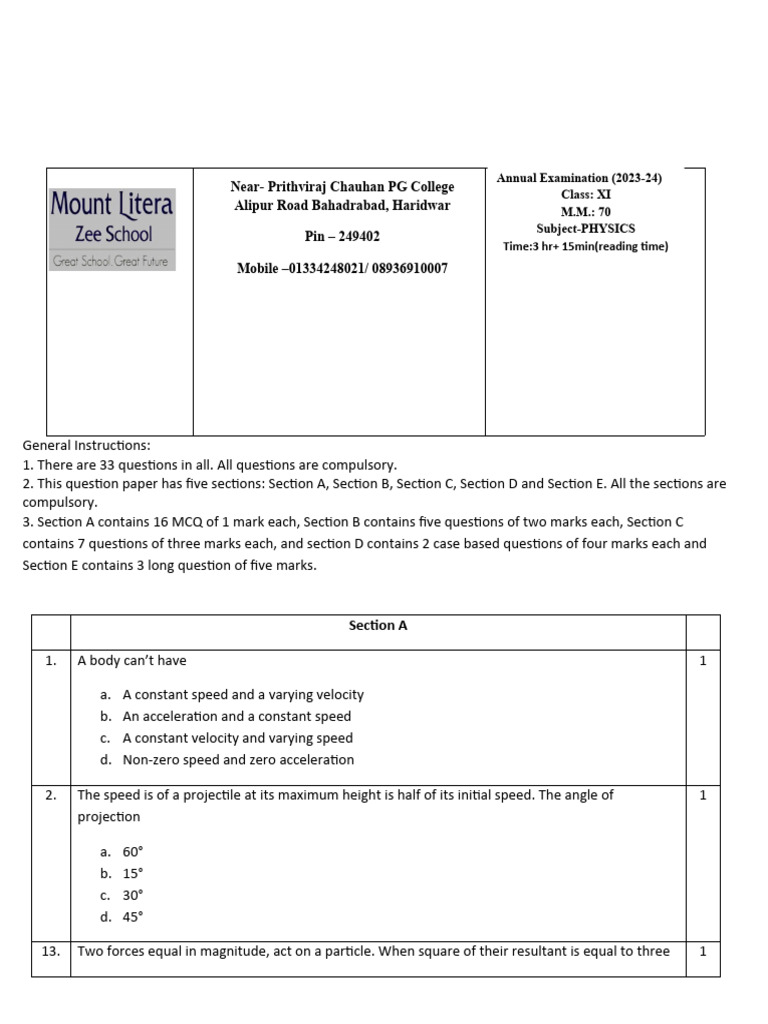 Class Xi Physics Qp | PDF