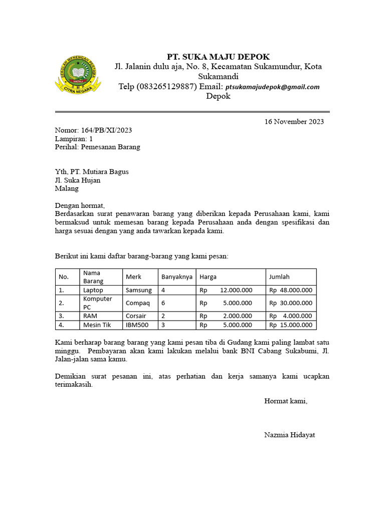 Contoh Surat Pengiriman Barang | PDF