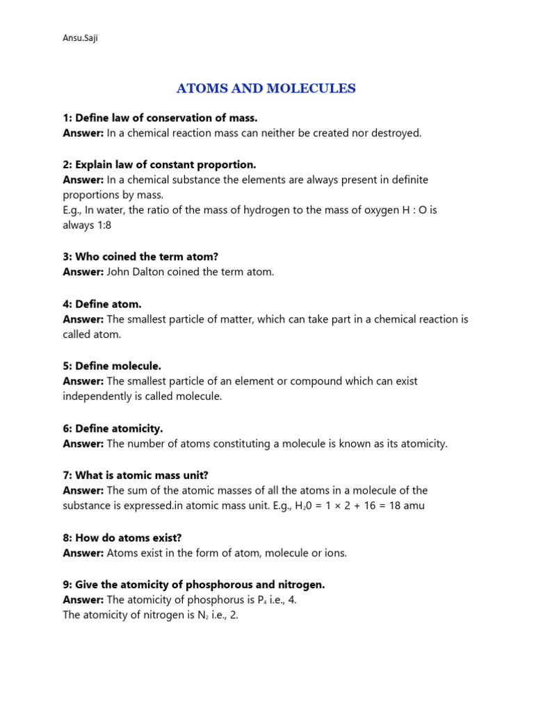 Atoms and Molecules | PDF | Ion | Chemical Elements