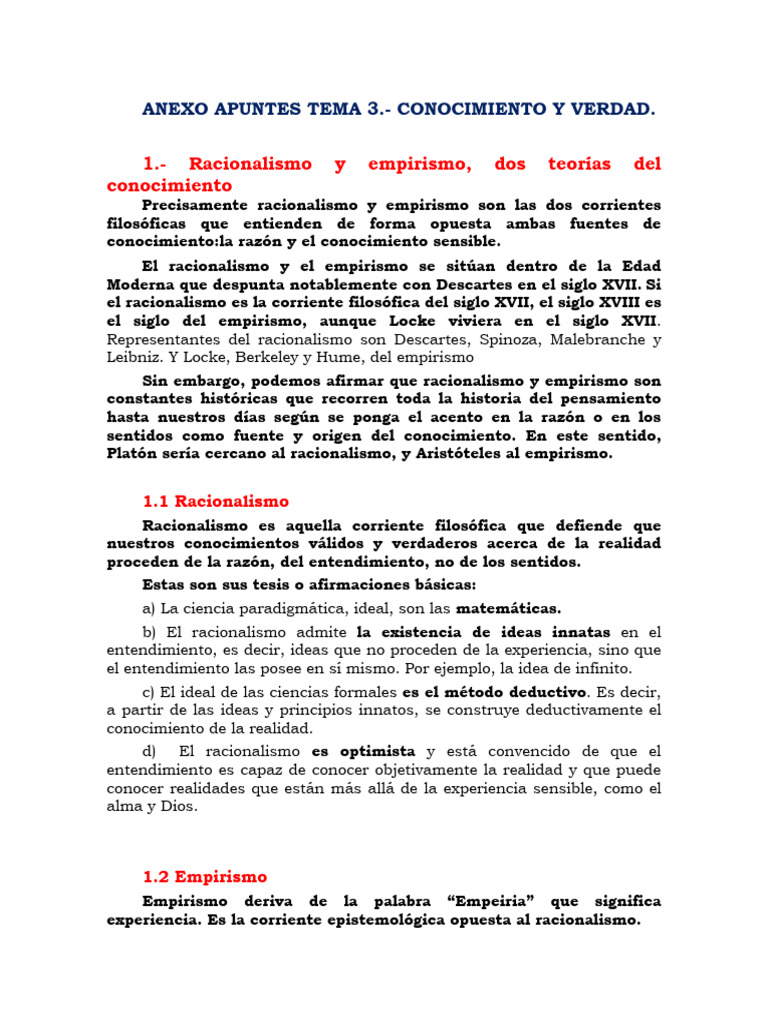 Anexo Tema 3. - Conocimiento y Verdad | PDF | Empirismo | Verdad