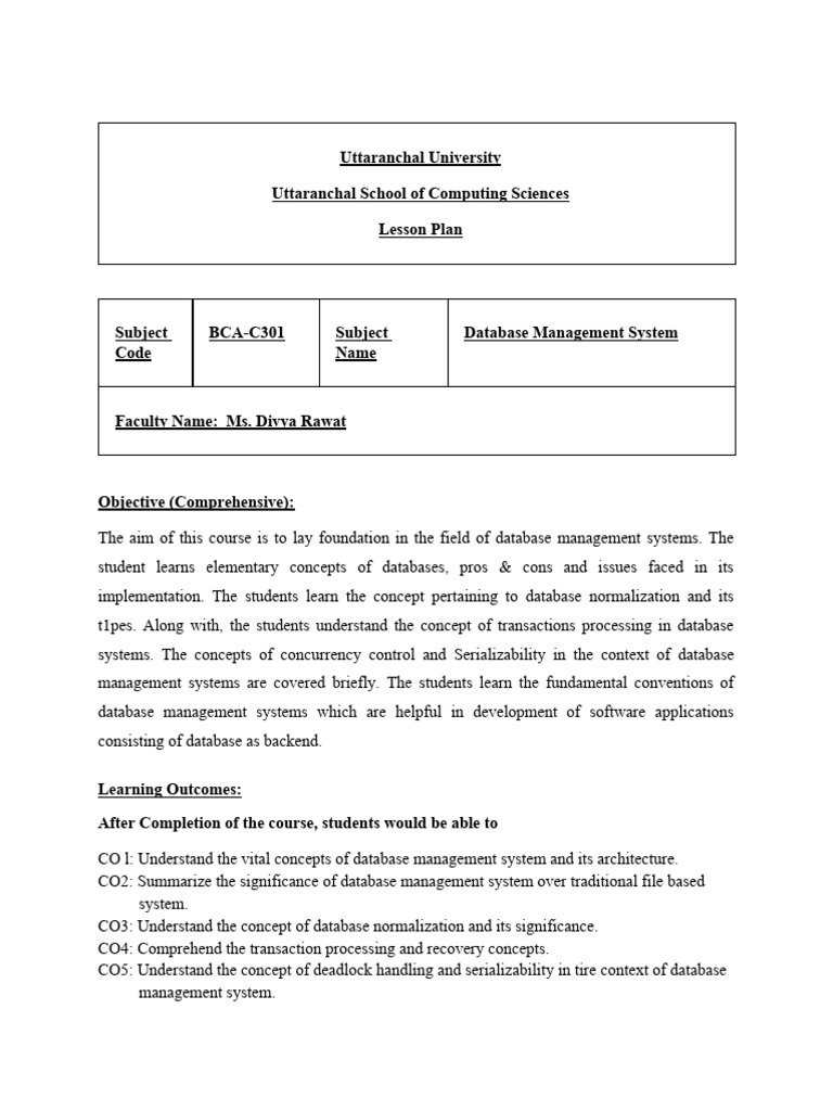 BCA III LESSON PLAN DBMS (2) Divya | PDF BCA III LESSON PLAN DBMS (2) Divya | PDF