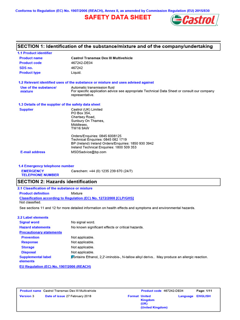 Castrol Transmax Dex III Safety Data | PDF | Occupational Safety And ...