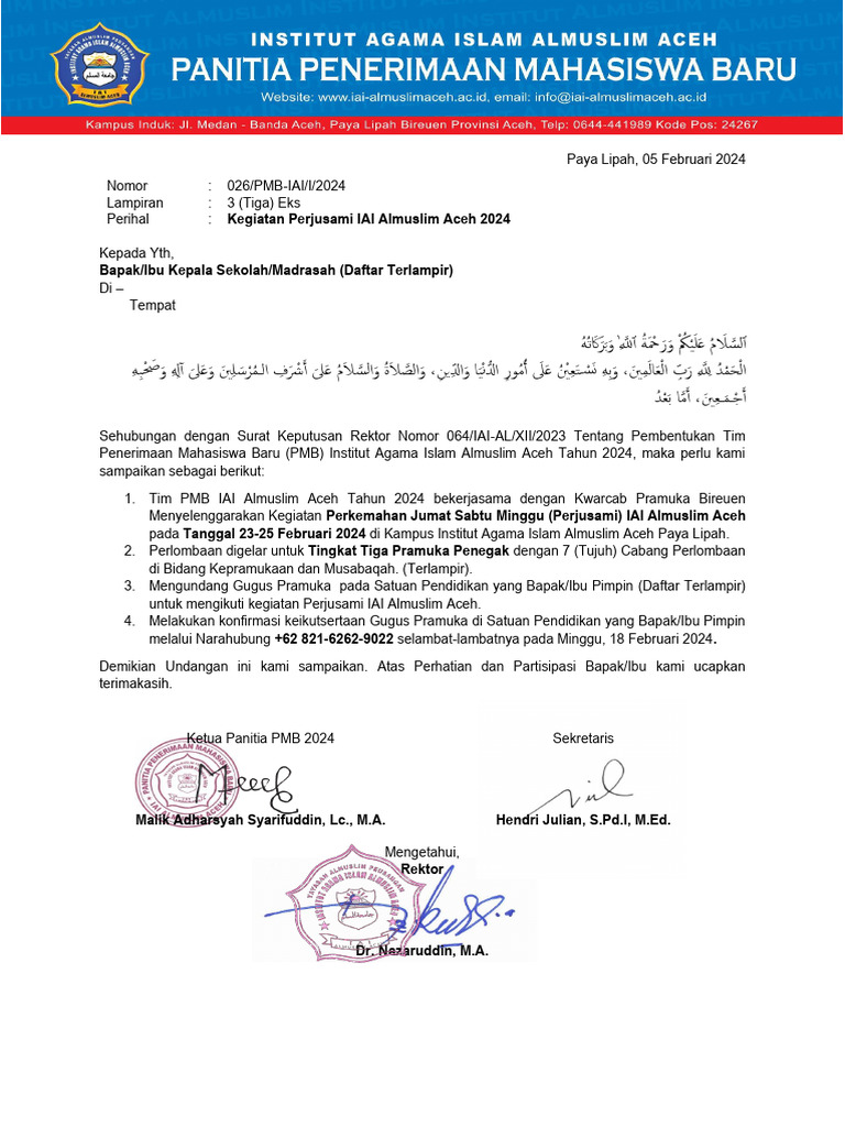 Surat Undangan Perjusami Iai FT Kwarcab Bireuen | PDF